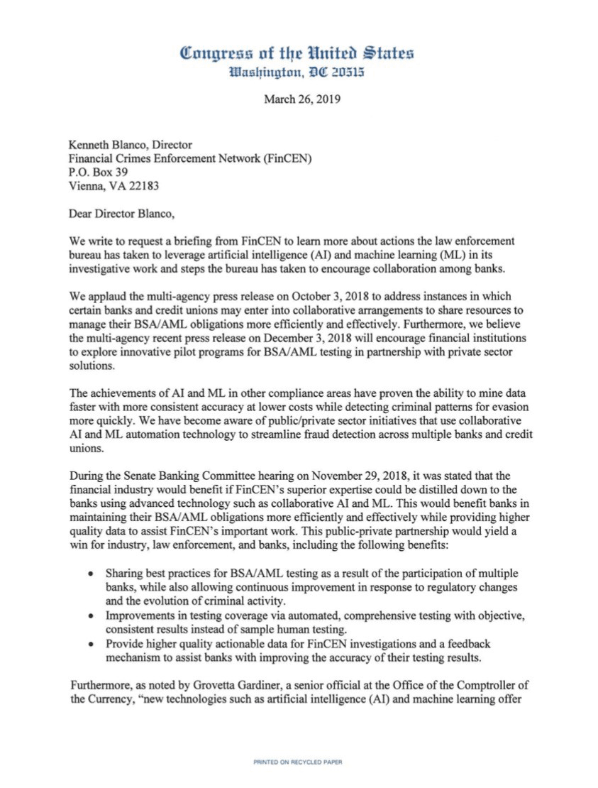 Letter From Congress To FinCen On The Collaborative Use Of AI - FiVerity