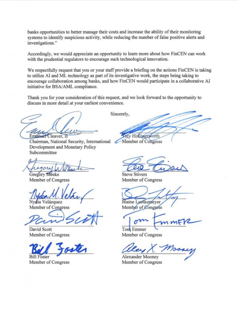 Letter From Congress To FinCen On The Collaborative Use Of AI - FiVerity